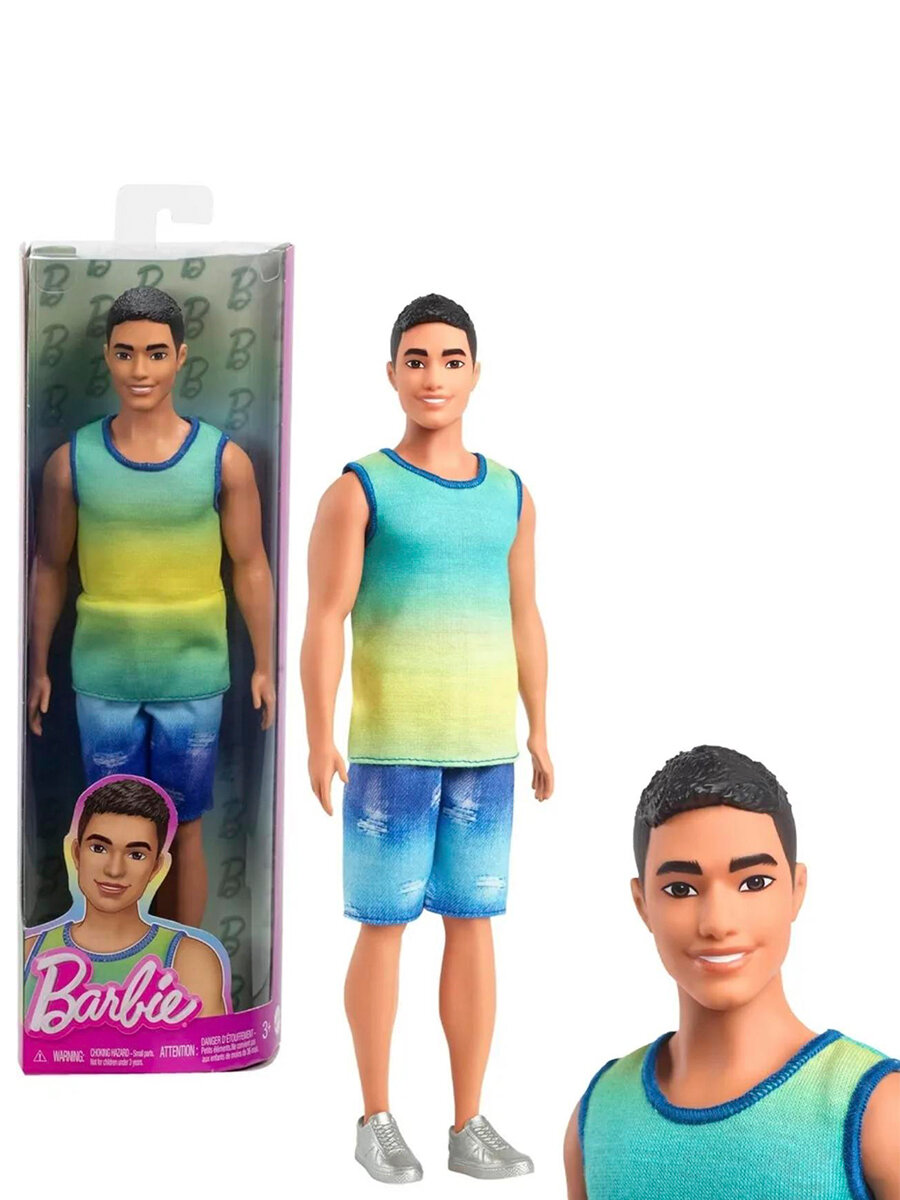 Кукла Кен Barbie Fashionistas в сине-зеленой майке и джинсовых шортах