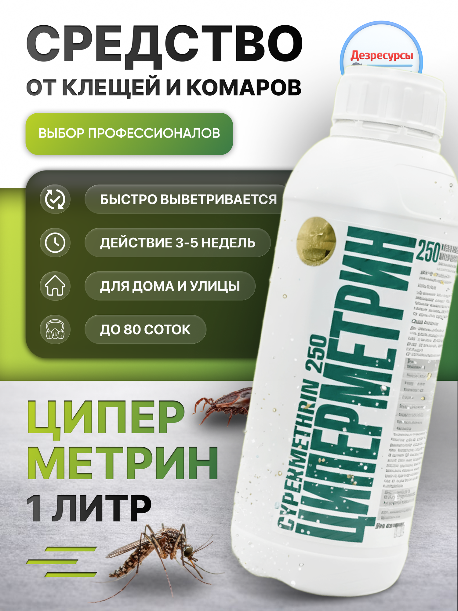 Циперметрин 25, 1л, средство от клещей для садового участка, от комаров, блох, тараканов