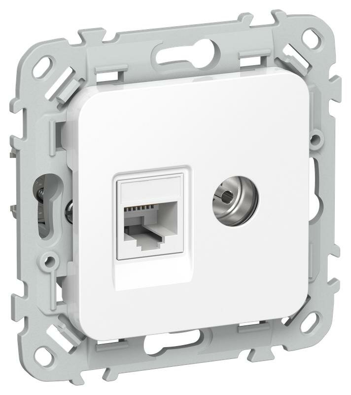 Розетка 2-м СП FLITE РКТВ5е-2-0-ФлБ RJ45/TV кат.5E UTP механизм бел. IEK FI-AK22-1-K01