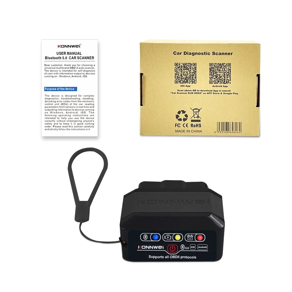 2026 KONNWEI KW905 Профессиональный автомобильный сканер ELM327 OBD2 Bluetooth 5.0 для KW905-Black