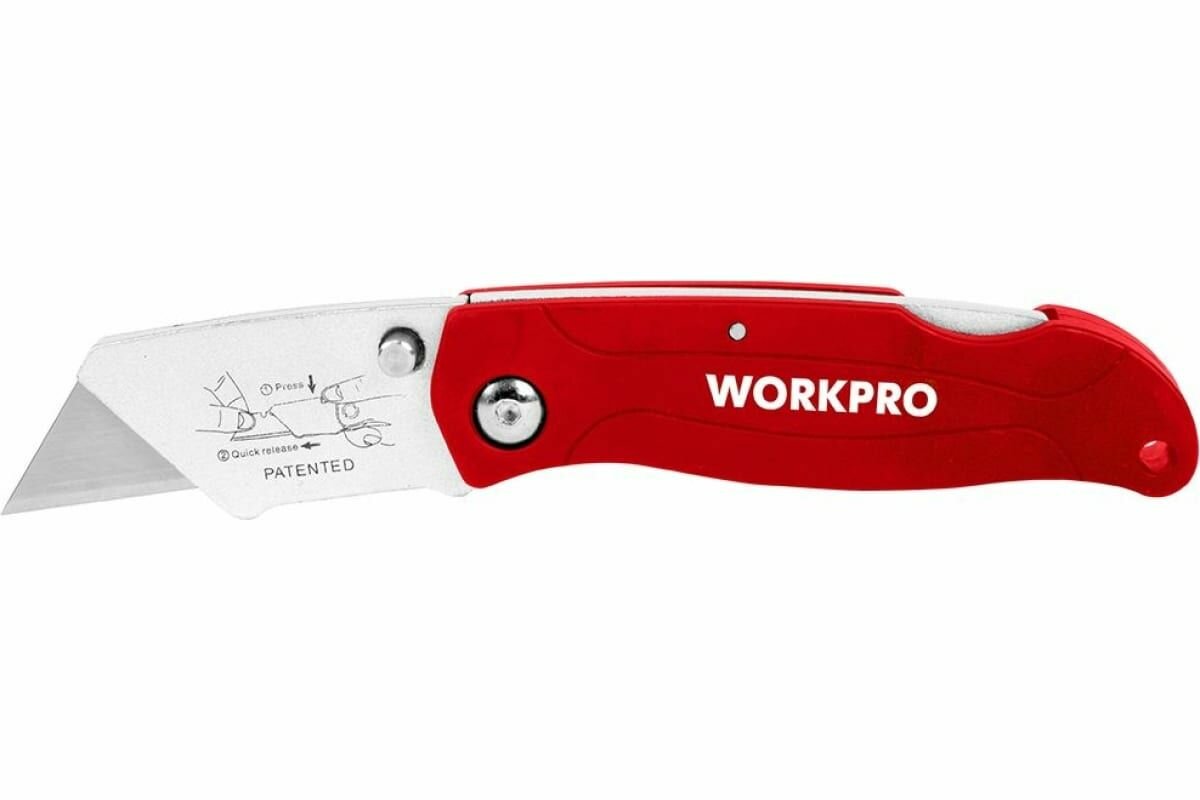 Складной быстросменный нож WORKPRO пластиковый, трапециевидные лезвия WP211002