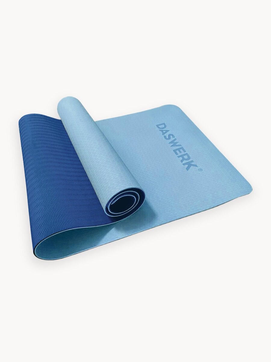 Коврик для йоги и фитнеса нескользящий двухсторонний спортивный ТПЭ, ковер для тренировок, с чехлом, 183x61x0,6 см, голубой/синий, Daswerk, 680033