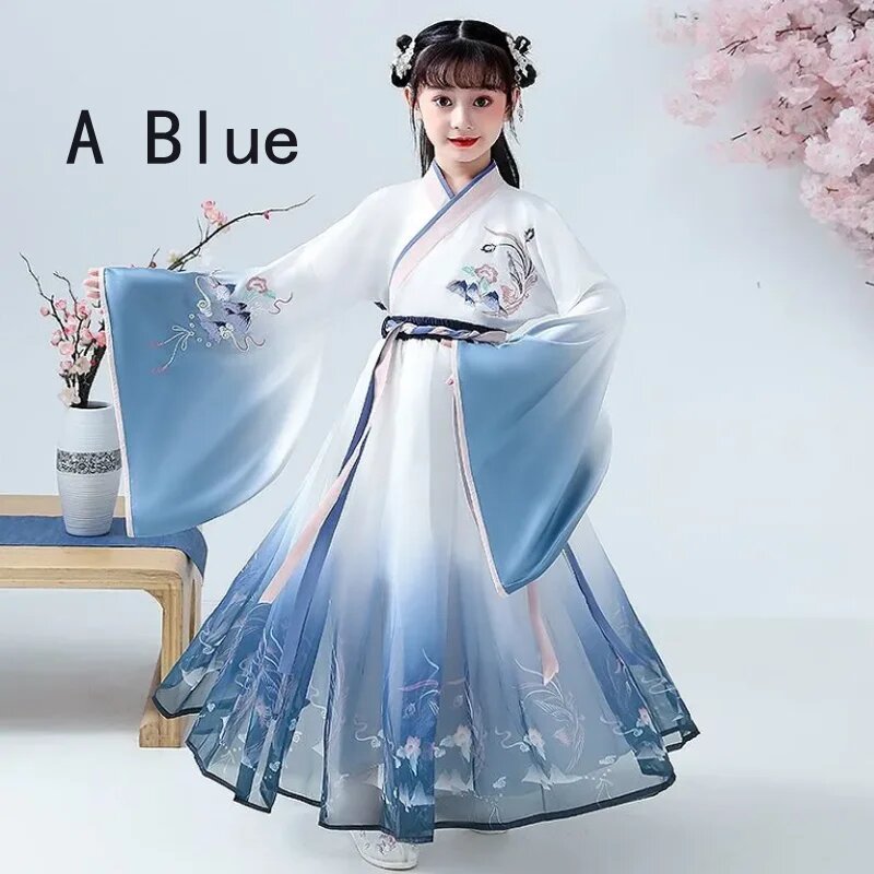 Китайское ретро платье Hanfu для девочек 125-135cm height, Синий, A Blue