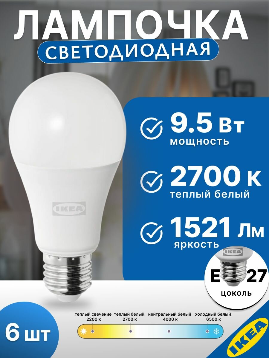Лампа светодиодная 60 мм E27 9.5 Вт 2700 К 6 шт шарообразная регулируемая IKEA SOLHETTA солхетта