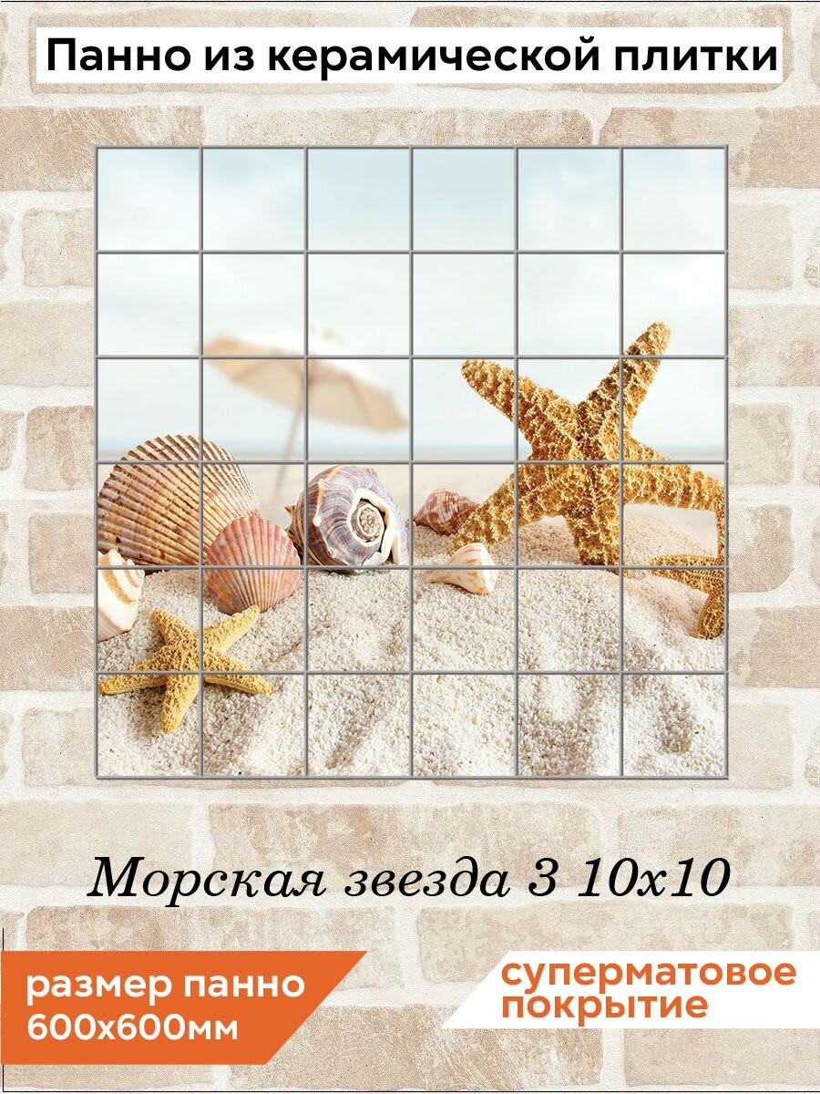 Панно из керамической плитки Fres-co "Морская звезда 3 10х10" керамическое, декоративное, матовое