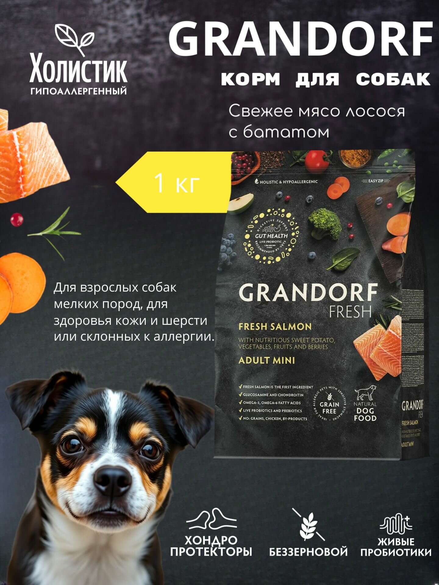 GRANDORF Fresh Dog Adult MINI Salmon&Sweet Potato (Свежее филе лосося с бататом для собак мелких пород) 1 кг