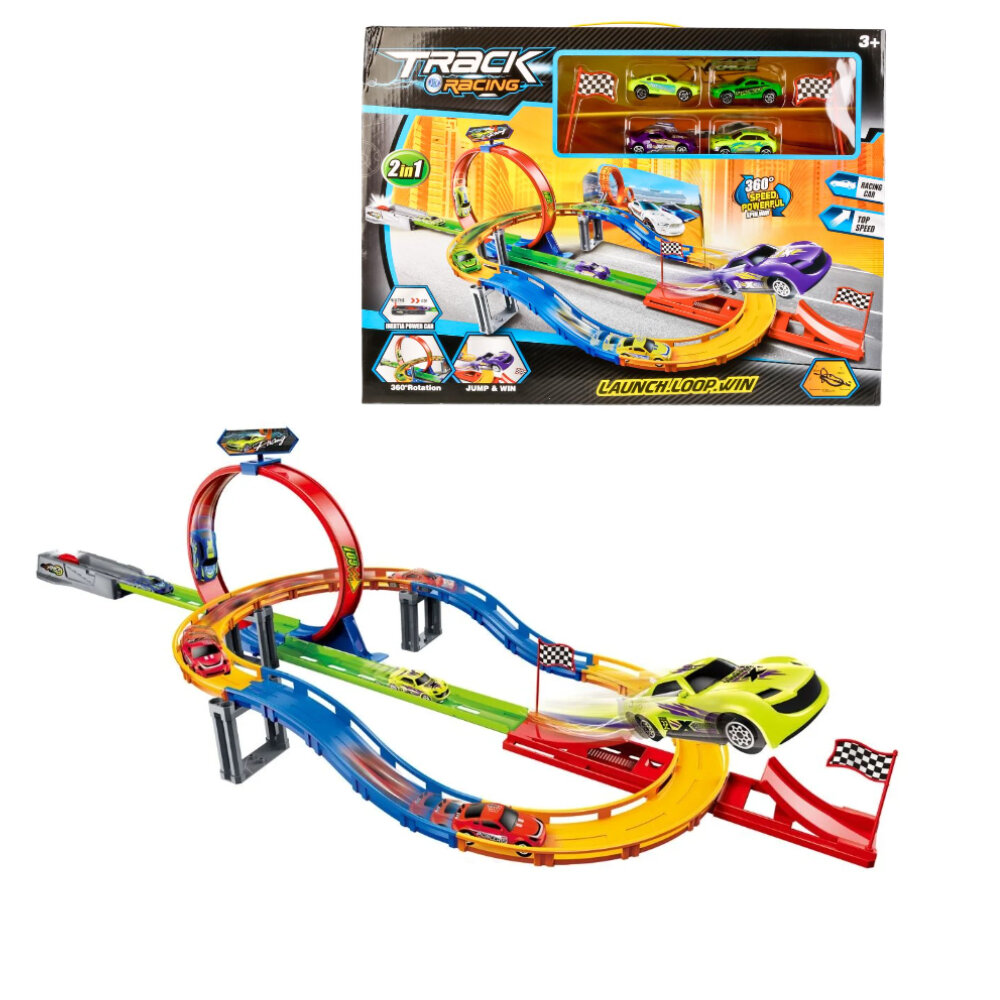 Детский гоночный автотрек длиной 130 см с 4 машинками, пусковой механизм, трамплин, мертвая петля