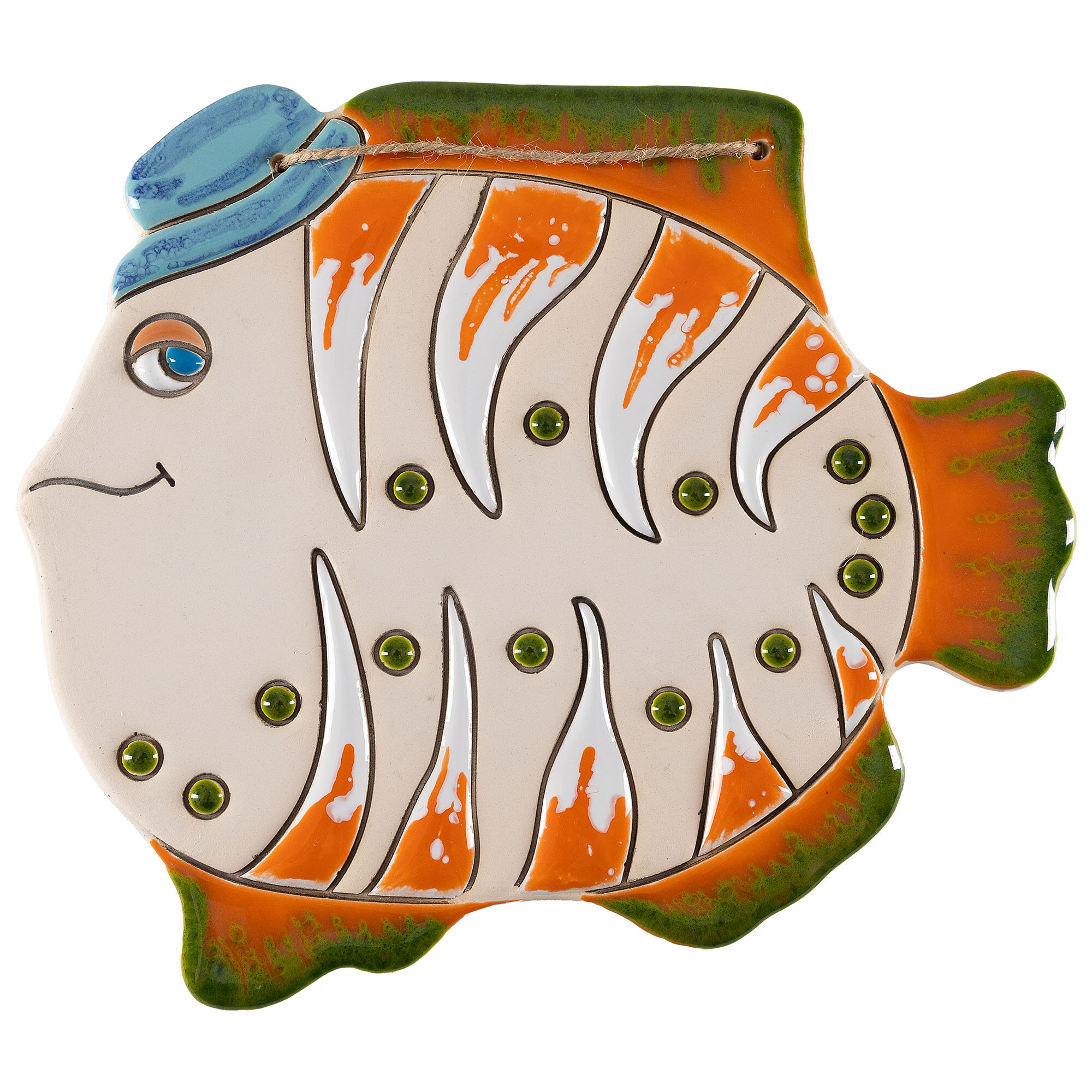 Панно декоративное Рыба в шляпе оранжевая керамическое авторской ручной работы (КМА-ПД-135)
