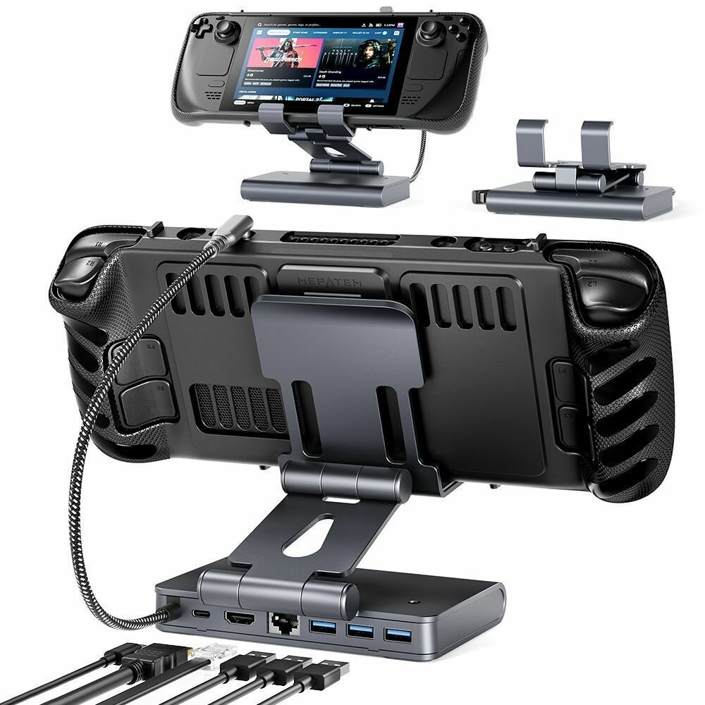 Док-станция для Steam Deck/OLED, регулируемая подставка Steam Deck 6-в-1 с HDMI 4K @ 60 Гц, Ethernet 1000 Мбит/с, 3* USB-A 3.0 и быстрой зарядкой