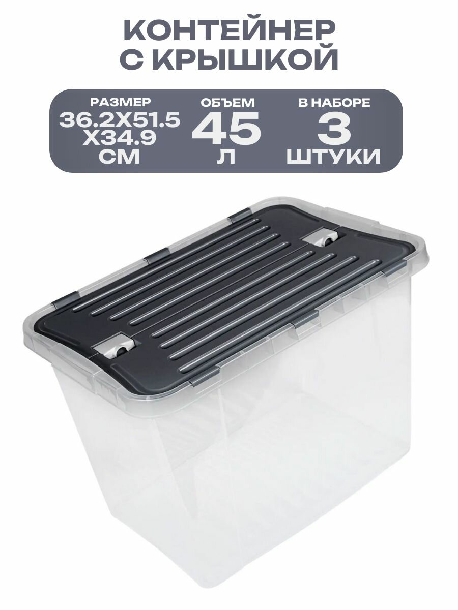 Контейнер, 36.2x51.5x34.9 см, 45 л полипропилен цвет прозрачный, 3 штуки: для хранения игрушек, обуви, одежды, гелей, порошка чистящих и моющих средств
