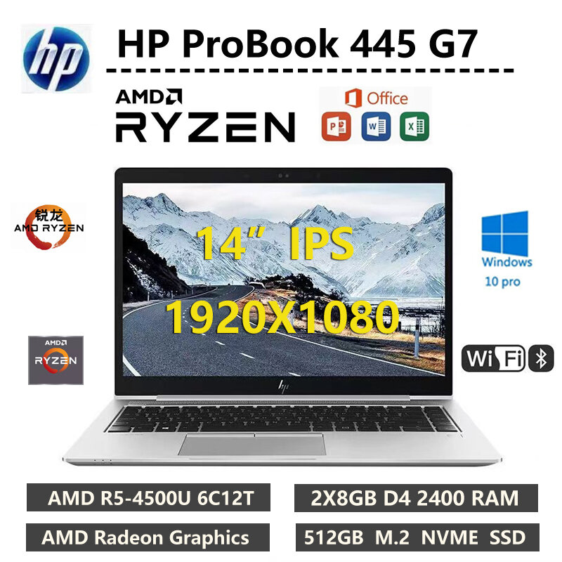 Подержанный AMD RYZEN ноутбук 14" HP ProBook 445 G7 ( R5-4500U Processor+2X8 GB DDR4 RAM+512GB M.2 NVME SSD+AMD Radeon Graphics , 1920x1080 IPS 4K ) Win 10 pro