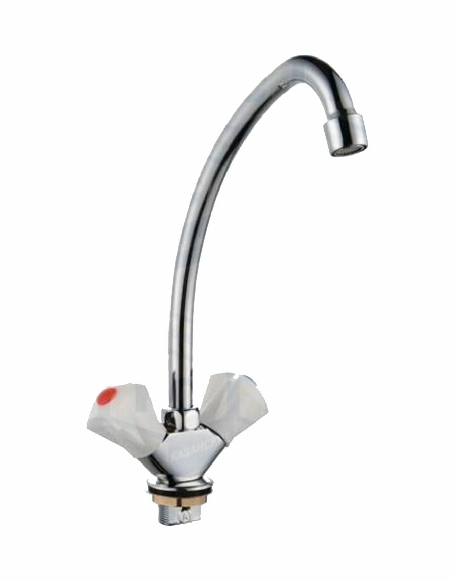 Смеситель для кухонной мойки, 55184, пластмассовые маховики, кран-букса - резина, крепление: латунная гайка (пр-во: Россия)