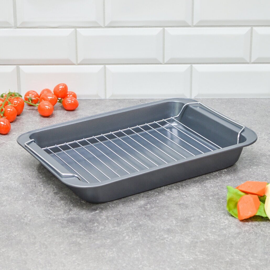 Противень с решеткой прямоугольный, 25,2х37,2х5,5 см, металл, серый — для запекания и гриля, удобные ручки