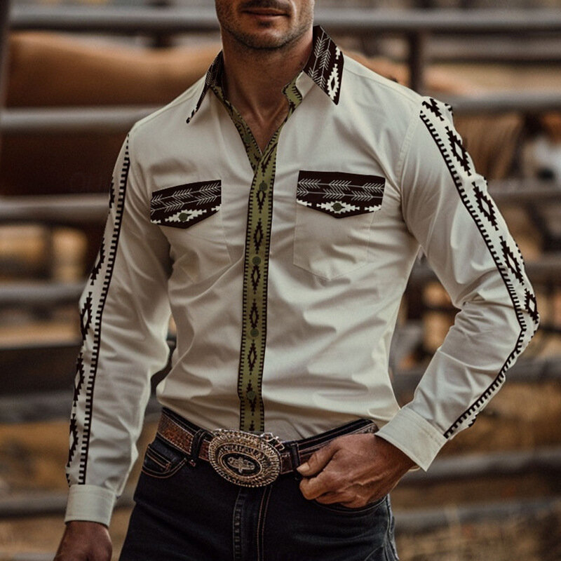 Вестерн ковбой тренд ретро молодежная мужская панк цифровая печать двойной карман мужская рубашка