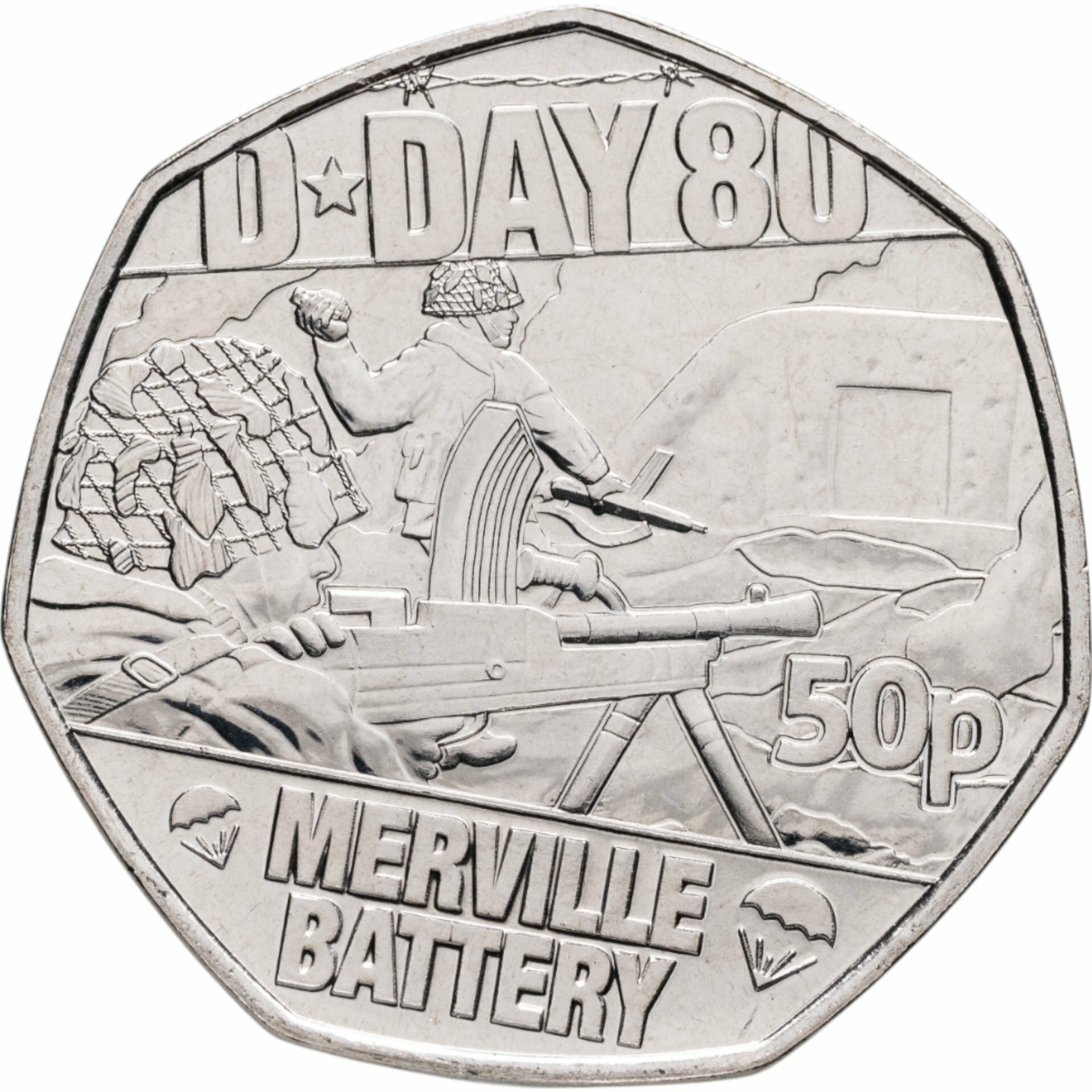 Джерси 50 пенсов 2024 " 80 лет высадке союзников в Нормандии D-Day Батарея Мервилла Merville Battery", Мельхиор медь-никель, в сохранности BUNC
