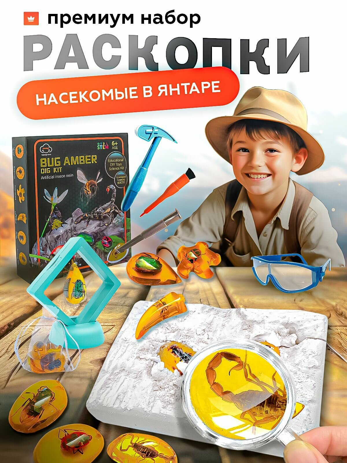 Археологический набор раскопки настоящих насекомых в янтаре с карточками