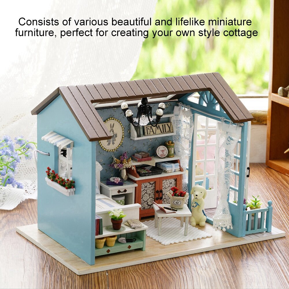 DIY Wooden Cottage Miniature Furniture Kit House Toy with LED lights Kids Gifts Home Decoration, Material: Wood, Plastic, Paper, Cloth, Resin, Color: Shown as Picture, Power Supply: 2 * AAA Batteries(not included), Size: approx.