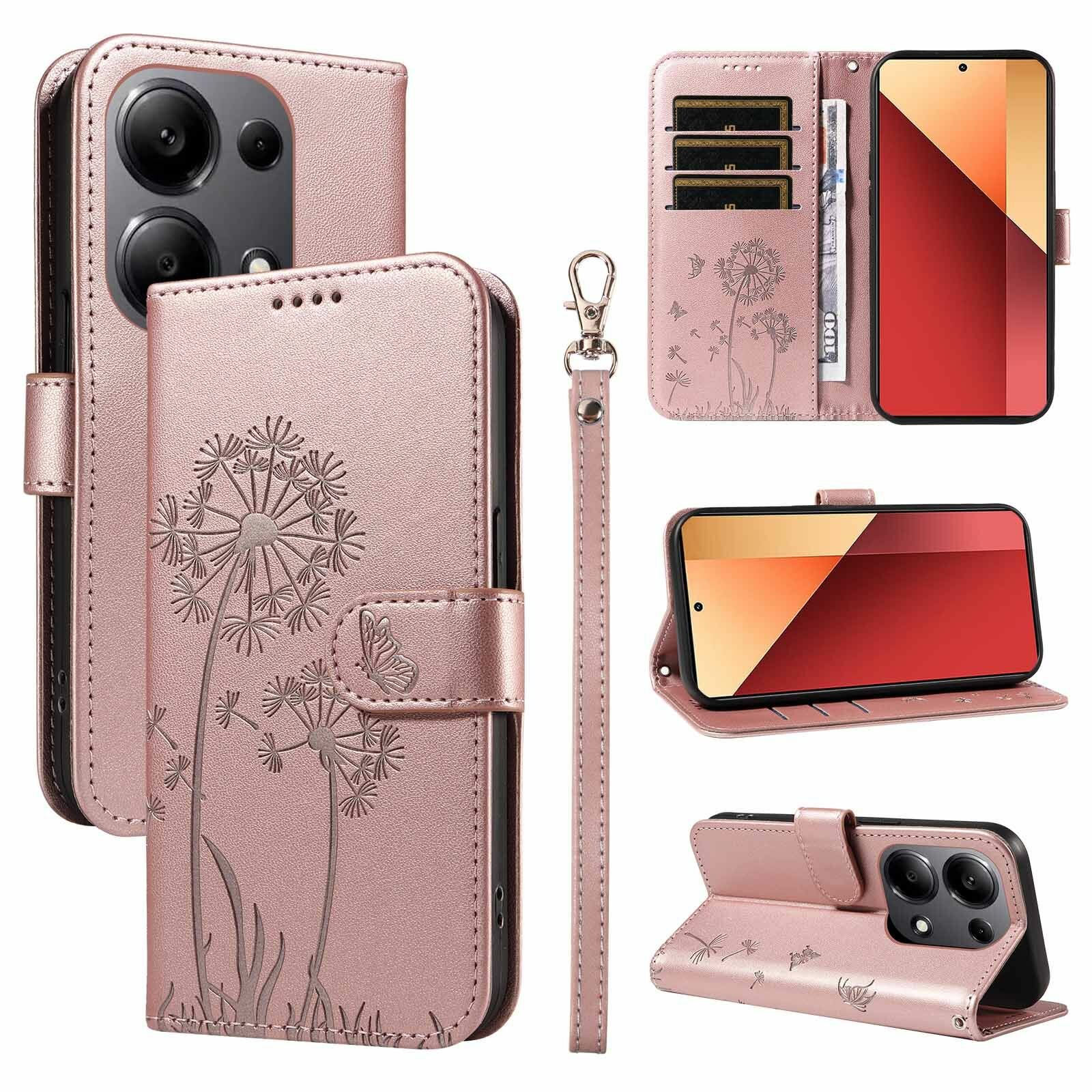 Кожаный чехол-книжка для Xiaomi Redmi Note 13 4G (Редми Ноут 13 4Г), матовый кожаный принт, с магнитной застежкой, слотом для карт и ремешком на запястье