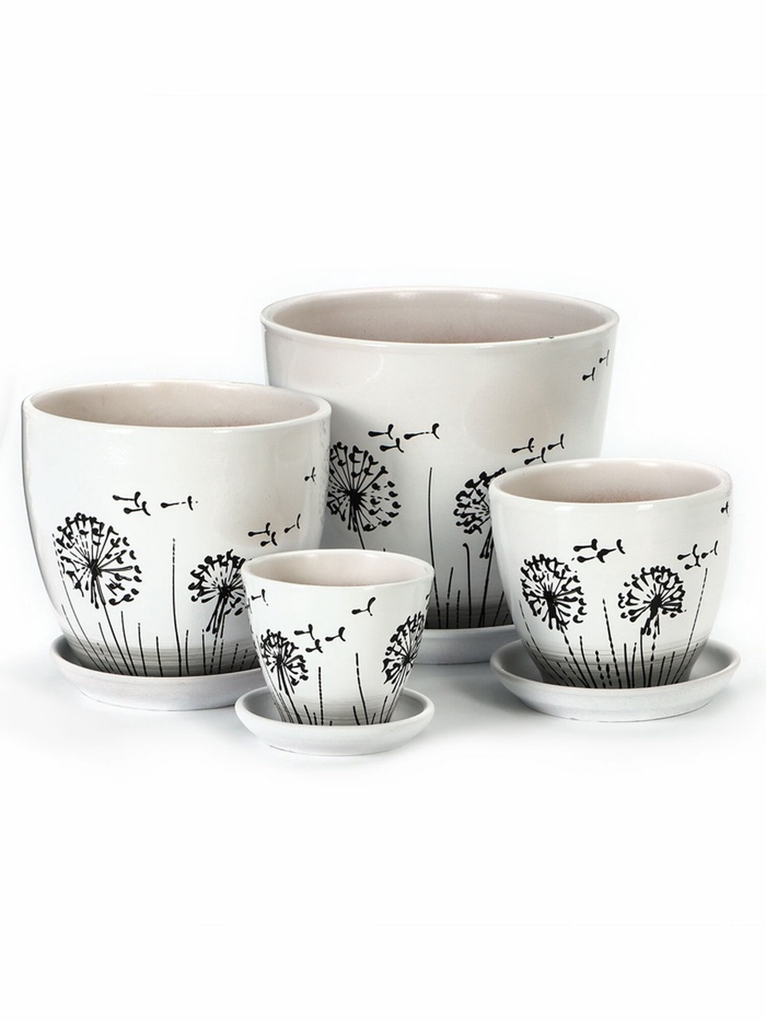 Набор горшков для цветов «Одуванчик», 4 шт, с поддоном, 0.4 / 1 / 2.5 / 5 л, керамика, белые с чёрным рисунком