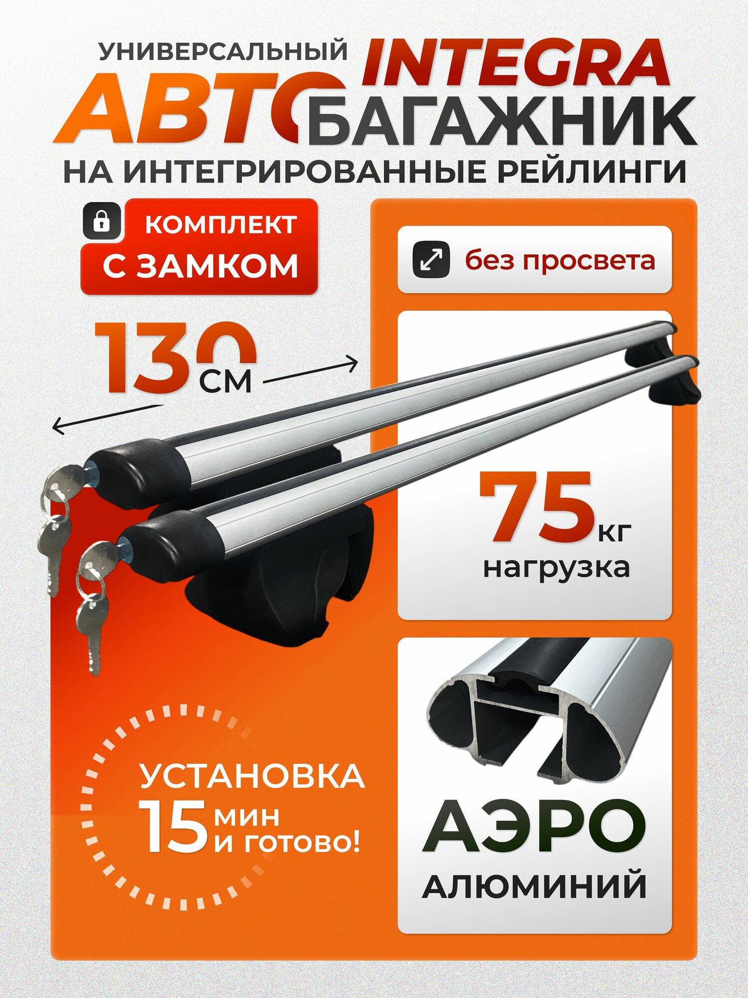 Багажник Integra-130 аэро с Замком (поперечины и упоры) на интегрированные (без просвета) рейлинги.