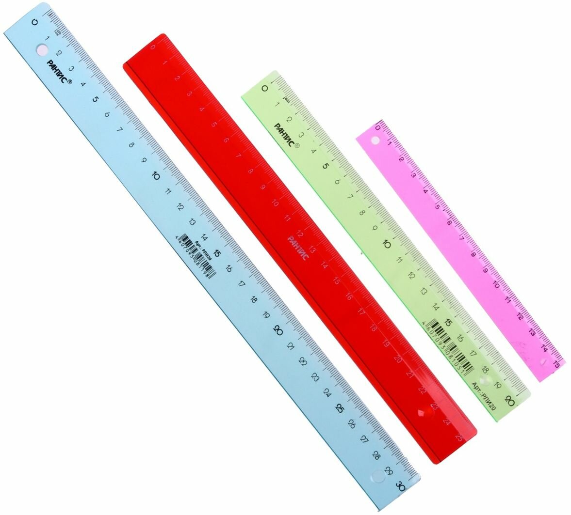 Набор пластиковых цветных линеек Calligrata "Neon" 15, 20, 25 и 30 см, школьная прозрачная с европодвесом и одной шкалой, комплект 4 линейки, микс