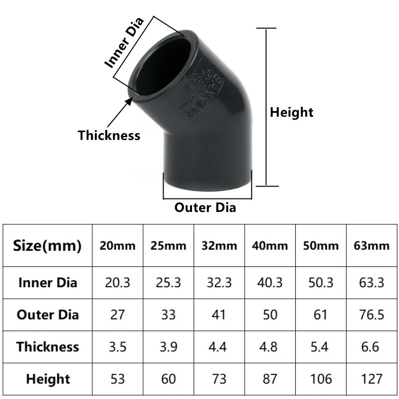 SHSMFC Тройник для труб из ПВХ 20-63 мм темно-серый Черный, 45 Degree Elbow, 20mm (1 PC)