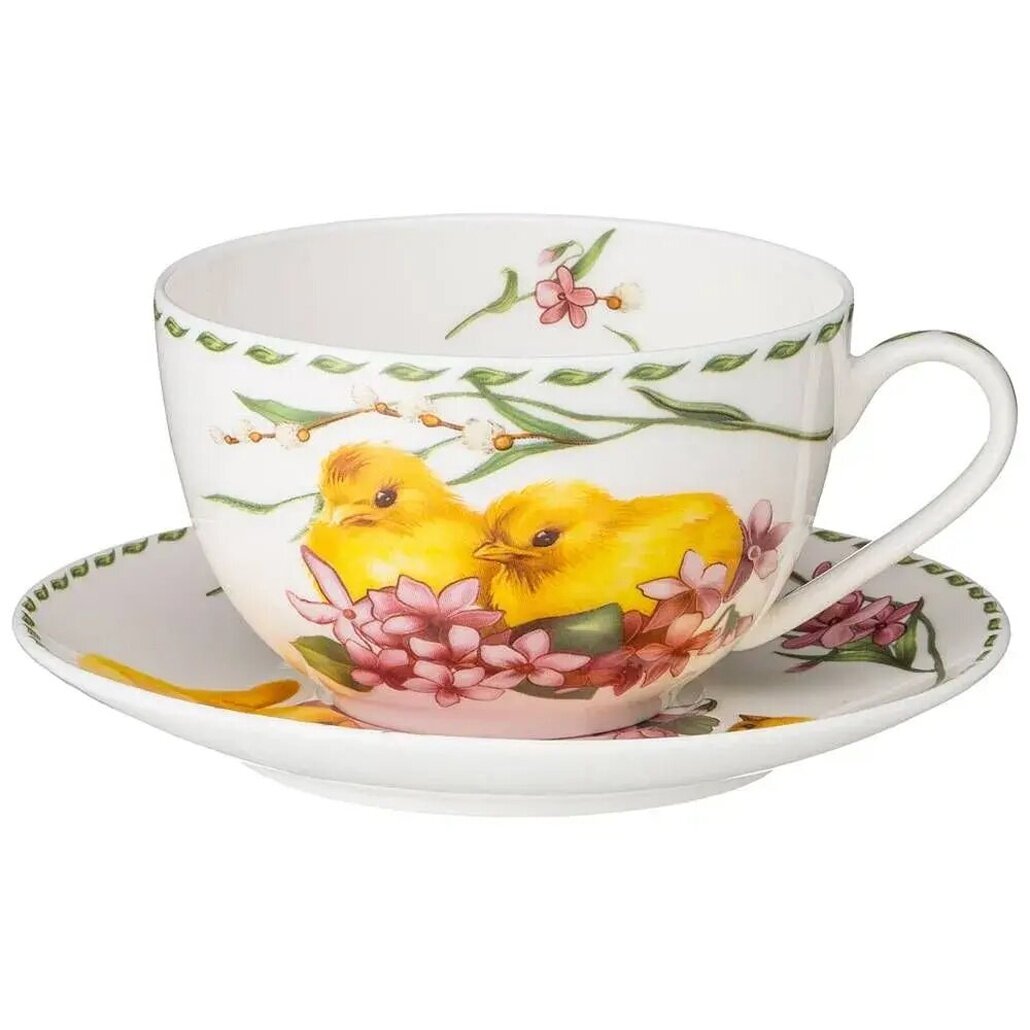 Чайная пара "Sunday" lefard 300 мл, фарфоровая, дизайн с птицами и цветами, зеленая кайма