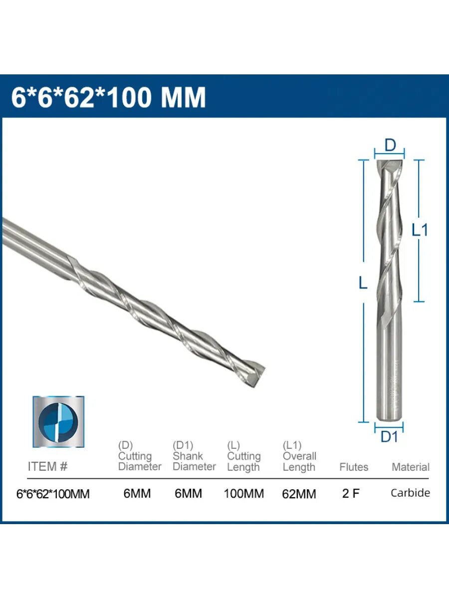 Фреза стружка вверх двухзаходная 6х6х62х100 мм