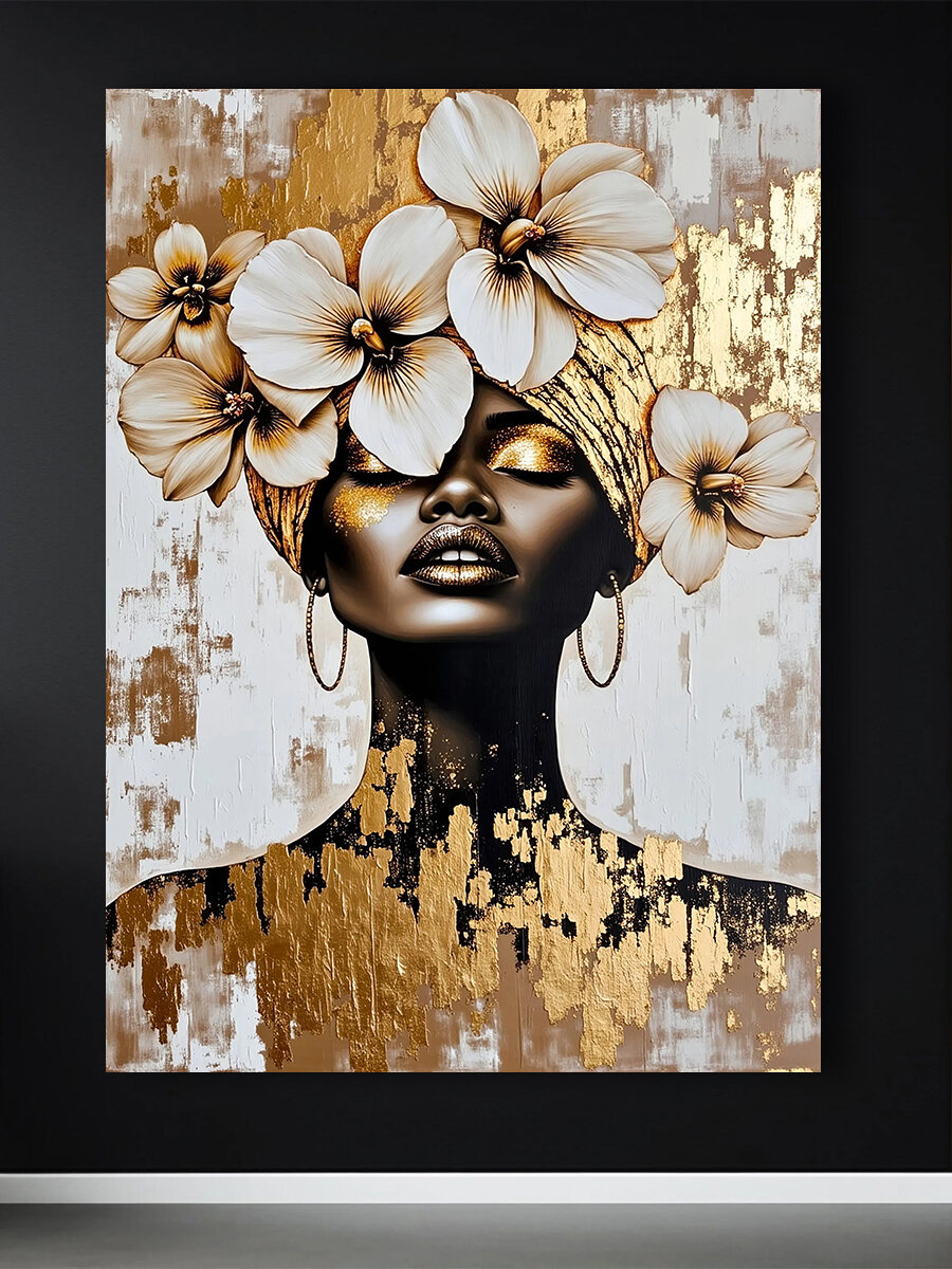 Картина интерьерная - "Девушка негритянка с золотом, лицо женщины" , 40х60 см.