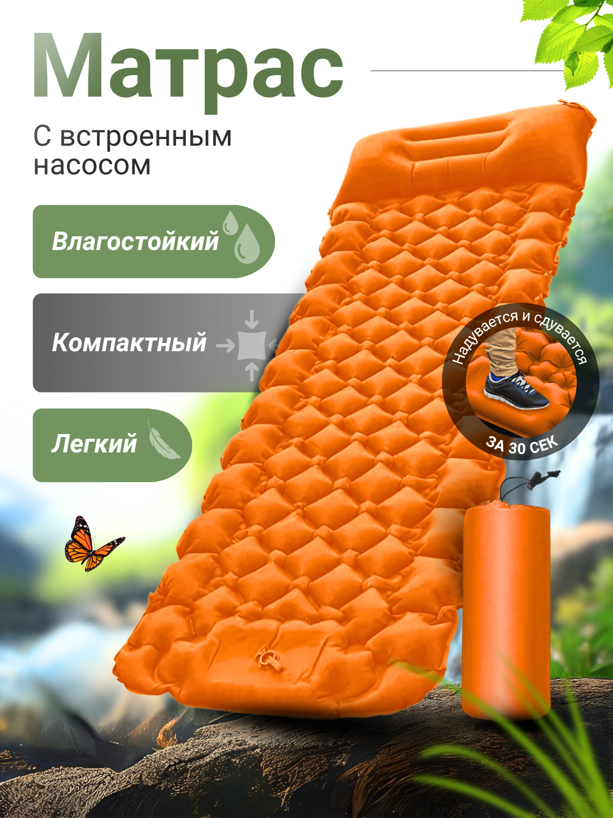 Коврик надувной туристический, пенка, каремат, матрас