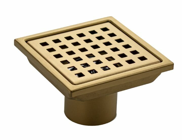 Трап душевой, из нержавеющей стали, 100 х 100 мм, крышка с перфорацией, сухой затвор, вертикальный выпуск 50 мм, цвет матовое золото
