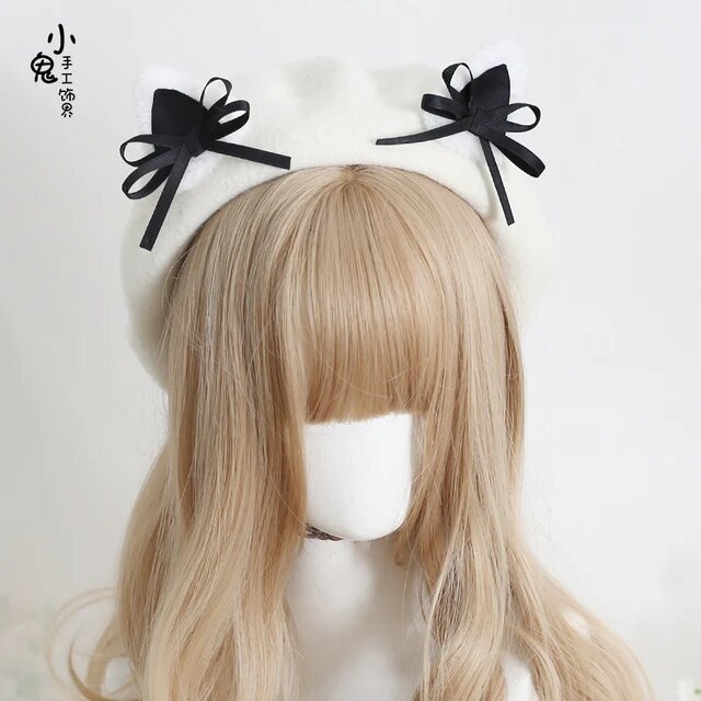 Женская шерстяная берета с бантом кошачьими ушками