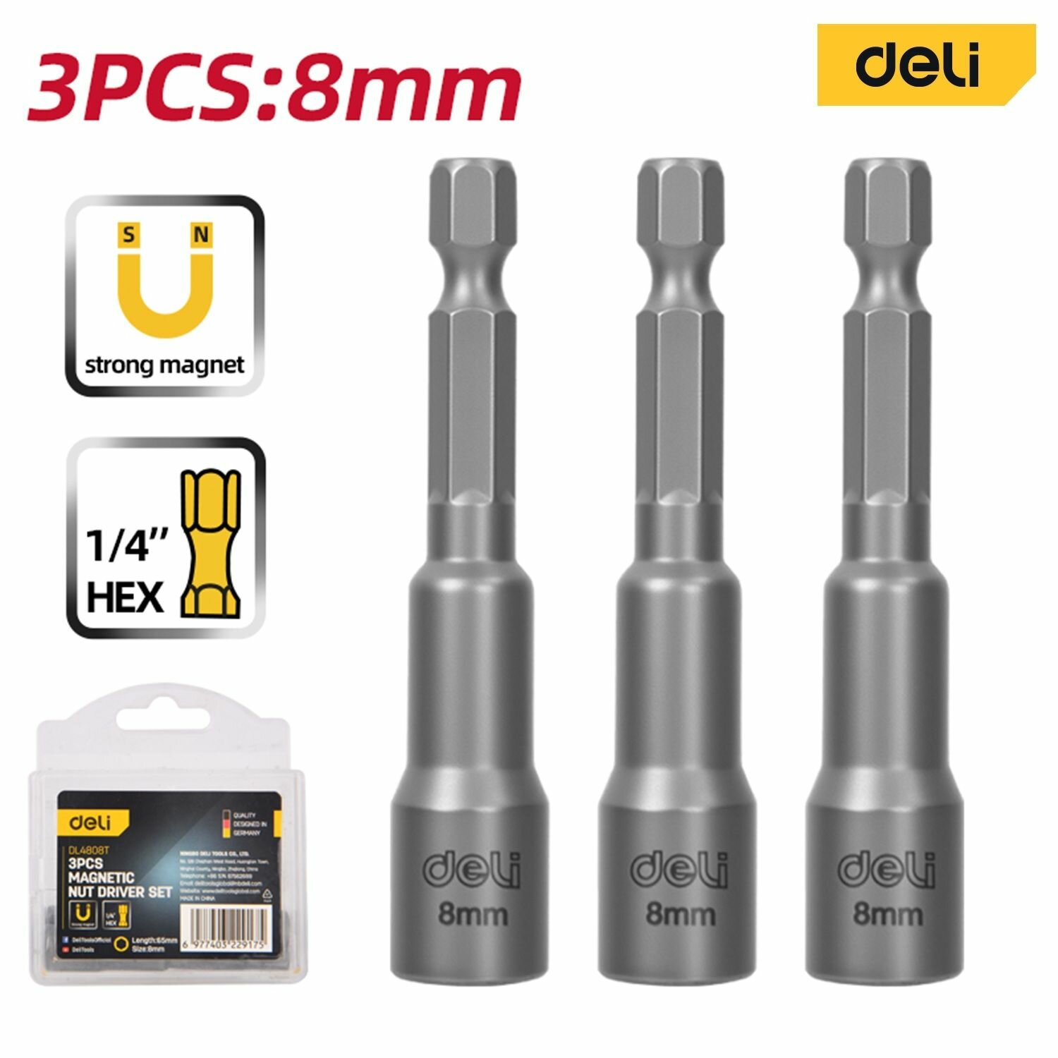Набор магнитных бит с торцевой головкой 3шт Deli DL4808T 8мм, длина 65мм, сталь 40Cr, пласт. кейс
