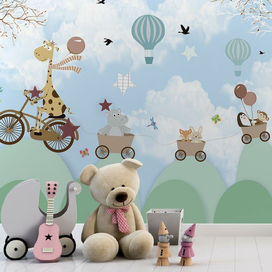 Фотообои Жираф на велосипеде 12-1545-S-Флок 270 x 200 см (ВхШ) Бесшовные, флизелиновые, влагостойкие обои