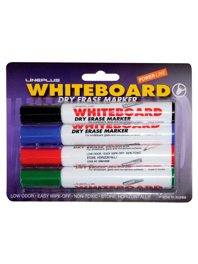 Маркер Line Plus 4WBM-600B для белых досок, пулевидный наконечник, 2 мм, 4 цвета, блистер {207986} (4 шт/упак)