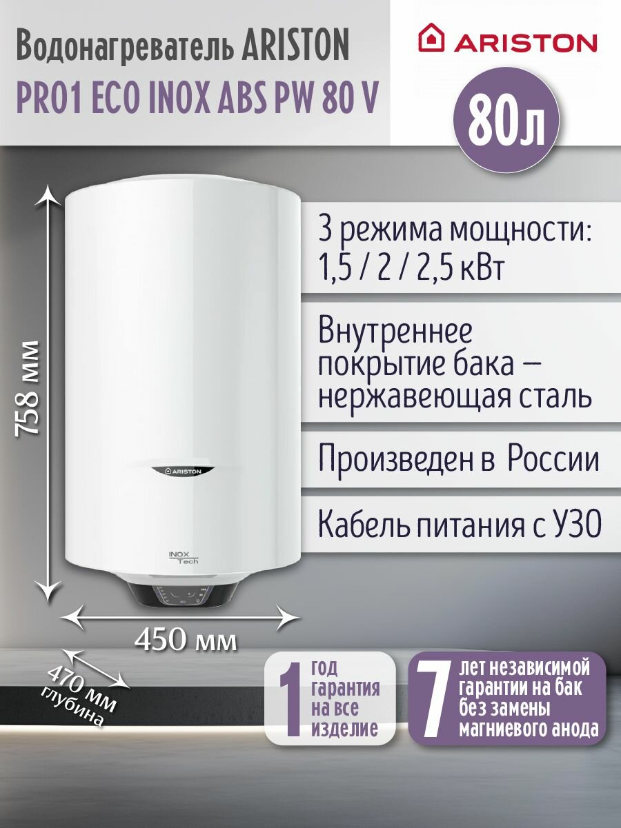 Водонагреватель 80 литров ARISTON PRO1 ECO INOX ABS PW 80 V круглый настенный накопительный электрический