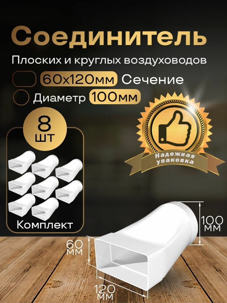 Соединитель плоских круглых каналов 60 х 120 мм / d 100 мм, эсцентриковый, для пластиковых воздуховодов, 8 шт, 611-8, белый, воздуховод, ПВХ