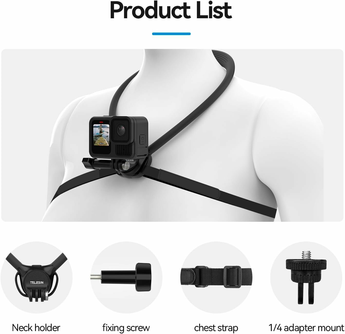 Крепление на шею TELESIN SE 2.0 с воздушной подушкой для видеоблогинга от первого лица без помощи рук для камер GoPro Hero Series, Insta 360 Series, Action 3/4/5 Pro, AKASO