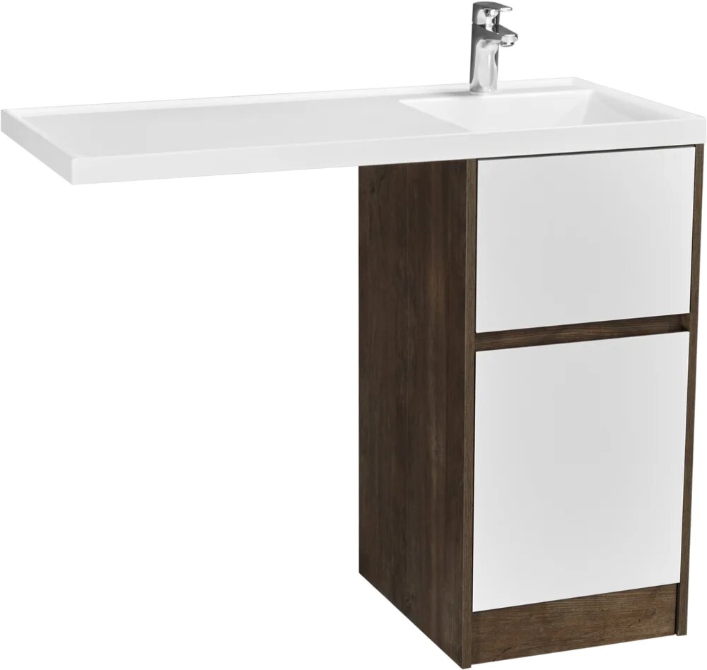 Тумба с раковиной AQUATON Лондри подвесная, под стиральную машину, напольная, 105 см, белая, темное дерево, глянцевая, из ЛДСП, с ящиками, раковина для ванной из искусственного мрамора, прямоугольная