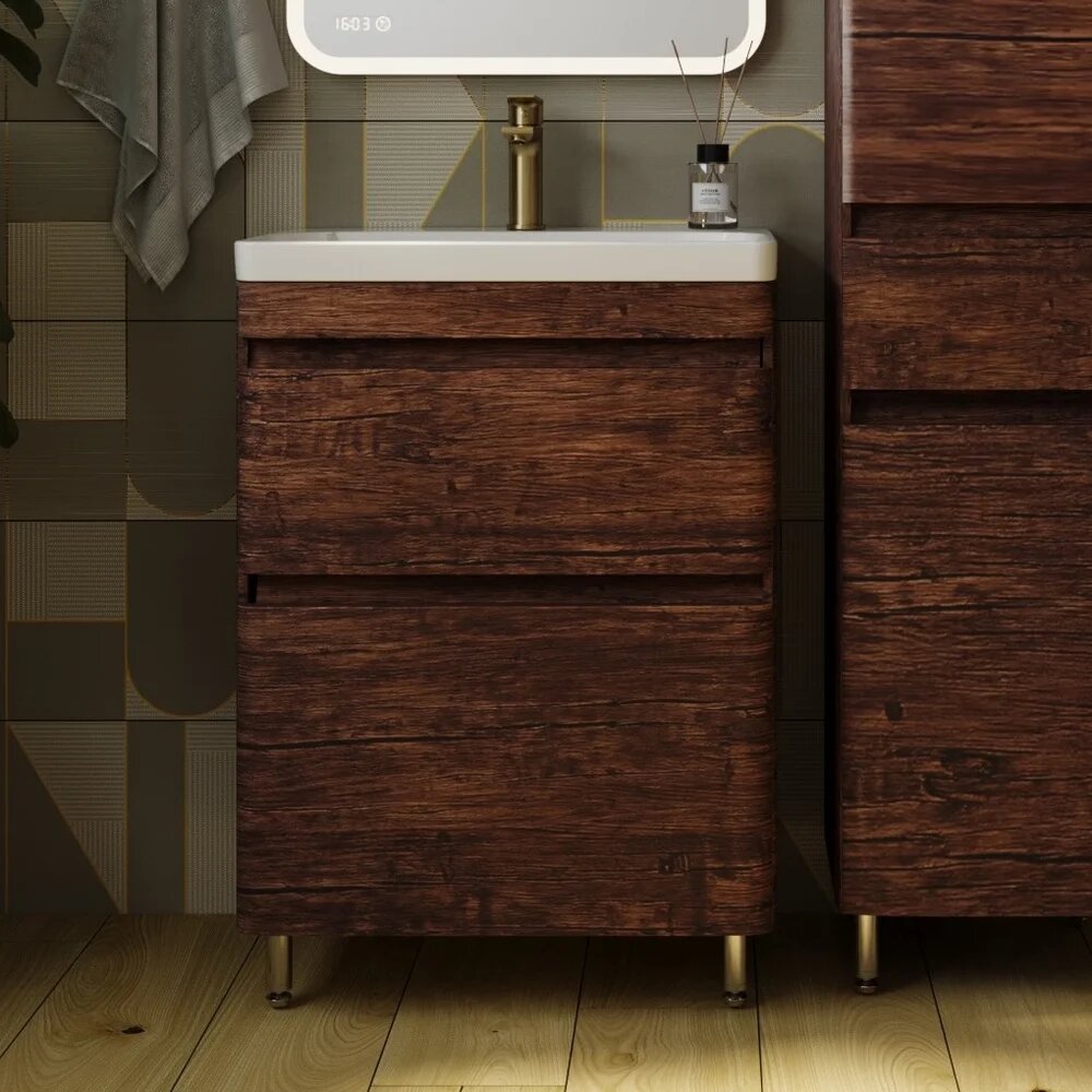 Тумба с раковиной Style Line Атлантика 60 60 см, темное дерево, матовая, из МДФ, с ящиками, раковина для ванной из искусственного мрамора, прямоугольная, лофт