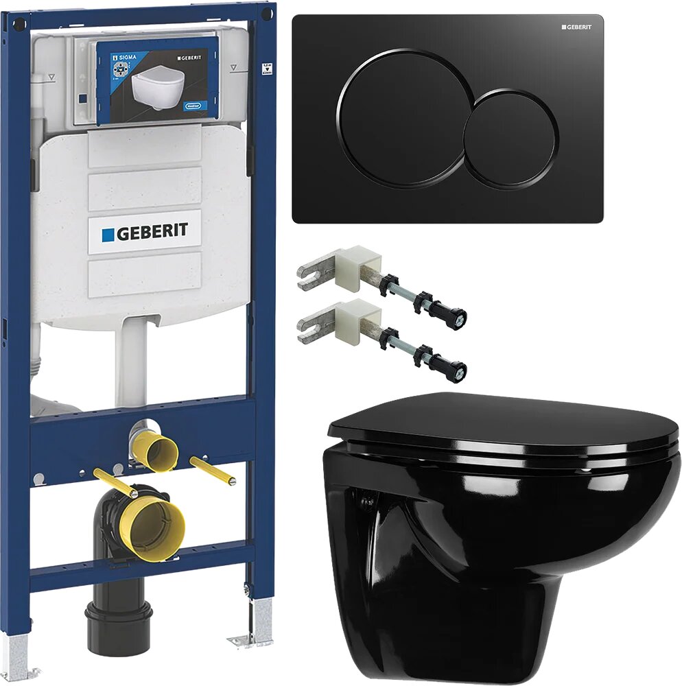 Комплект Унитаз подвесной Wanfald Lauta 47374100005 черный / Инсталляция Geberit Duofix UP 320 111.300.00.5 / Крепления к стене, Кнопка черная глянцевая