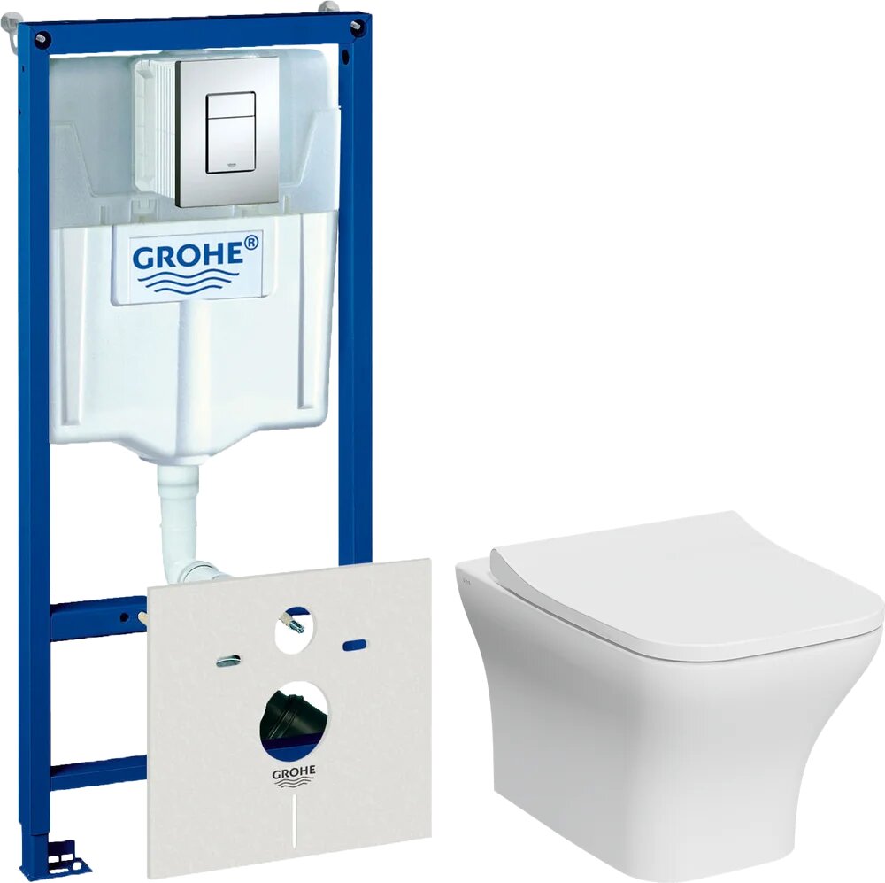 Комплект 3 в 1 Унитаз подвесной VitrA Zentrum Square 7484B003-0075 безободковый / Сиденье Integra Square 191-003-009 с микролифтом / Инсталляция с кнопкой Grohe Rapid SL 38775001 цвет хром