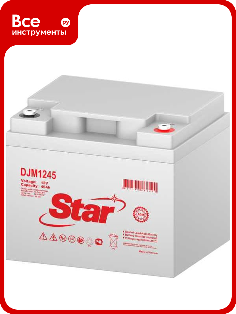Аккумулятор для ИБП DJM1245 12 В, 45 А*ч Star УТ-00002529, обеспечения резервным питанием 12В с болтовыми клеммами технология AGM