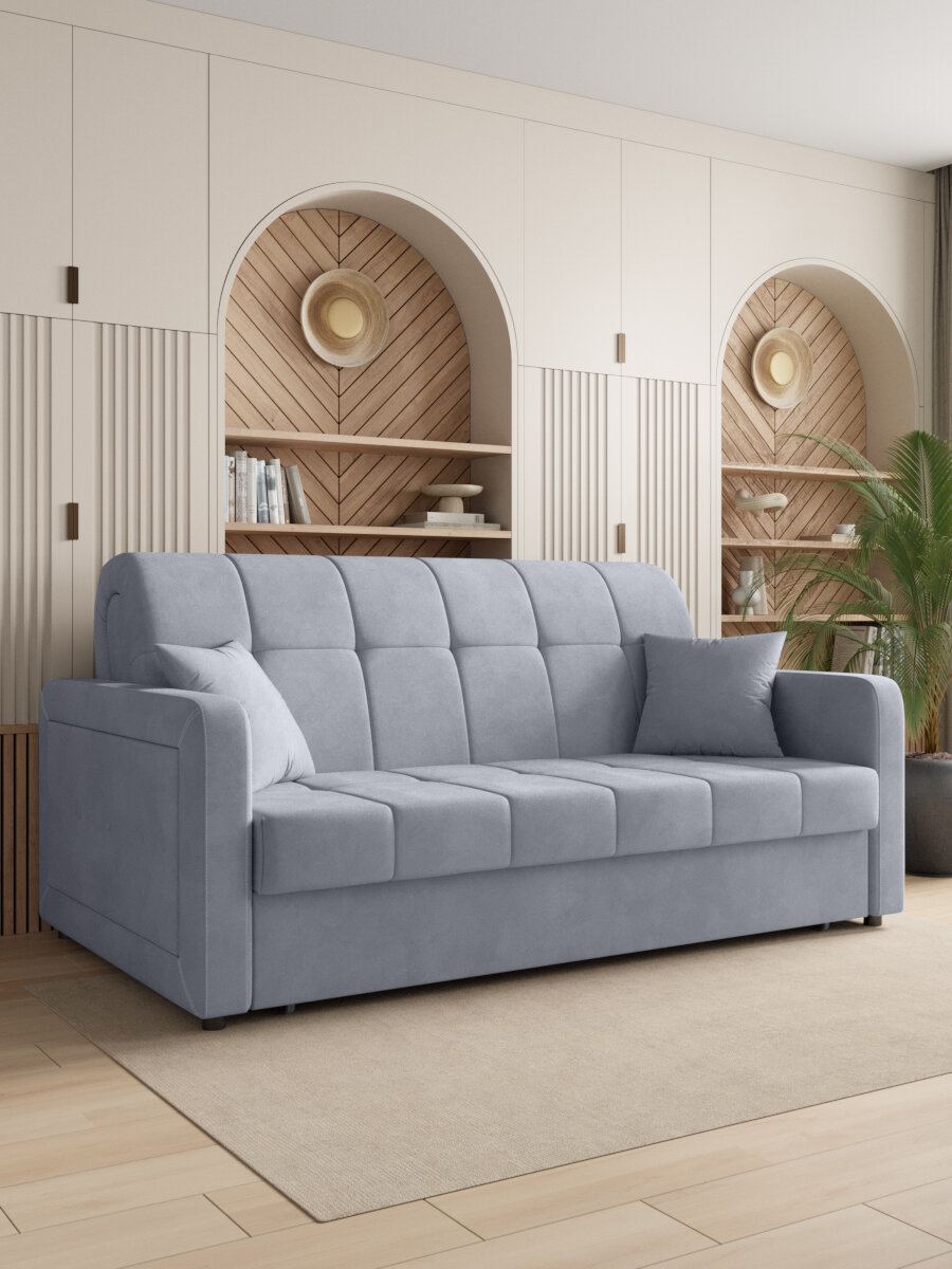 Диван кровать прямой Морти независимый пружинный блок, раскладной, аккордеон, с декоративными подушками, без ящика, 160х204 см спальное место, Светло-серый, велюр