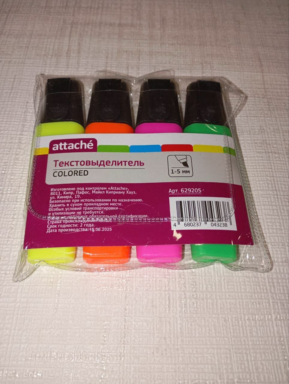 Attache/ Набор текстовыделителей текста Colored 1-5мм 4цв