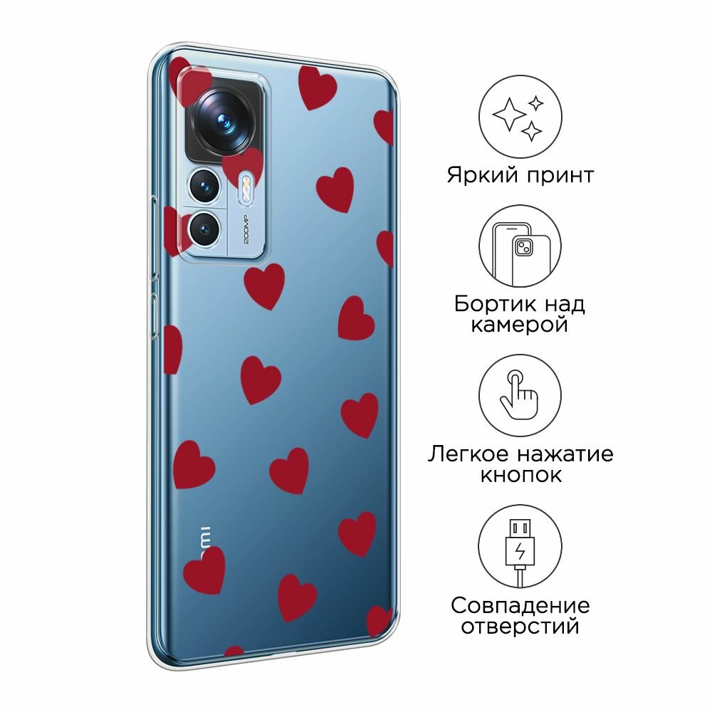 Чехол на Xiaomi 12T/12T Pro / Сяоми 12T/12T Про с принтом "Бордовые сердечки паттерн - 14 февраля", прозрачный — фото 1