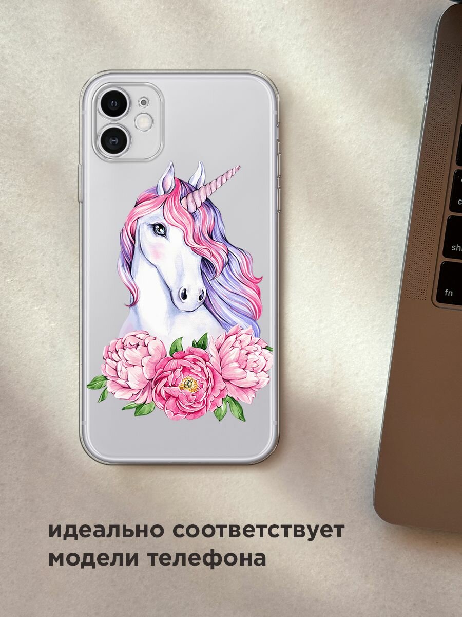 Чехол на Apple iPhone 11 / Айфон 11 с принтом "Единорог с пионами", прозрачный — фото 1