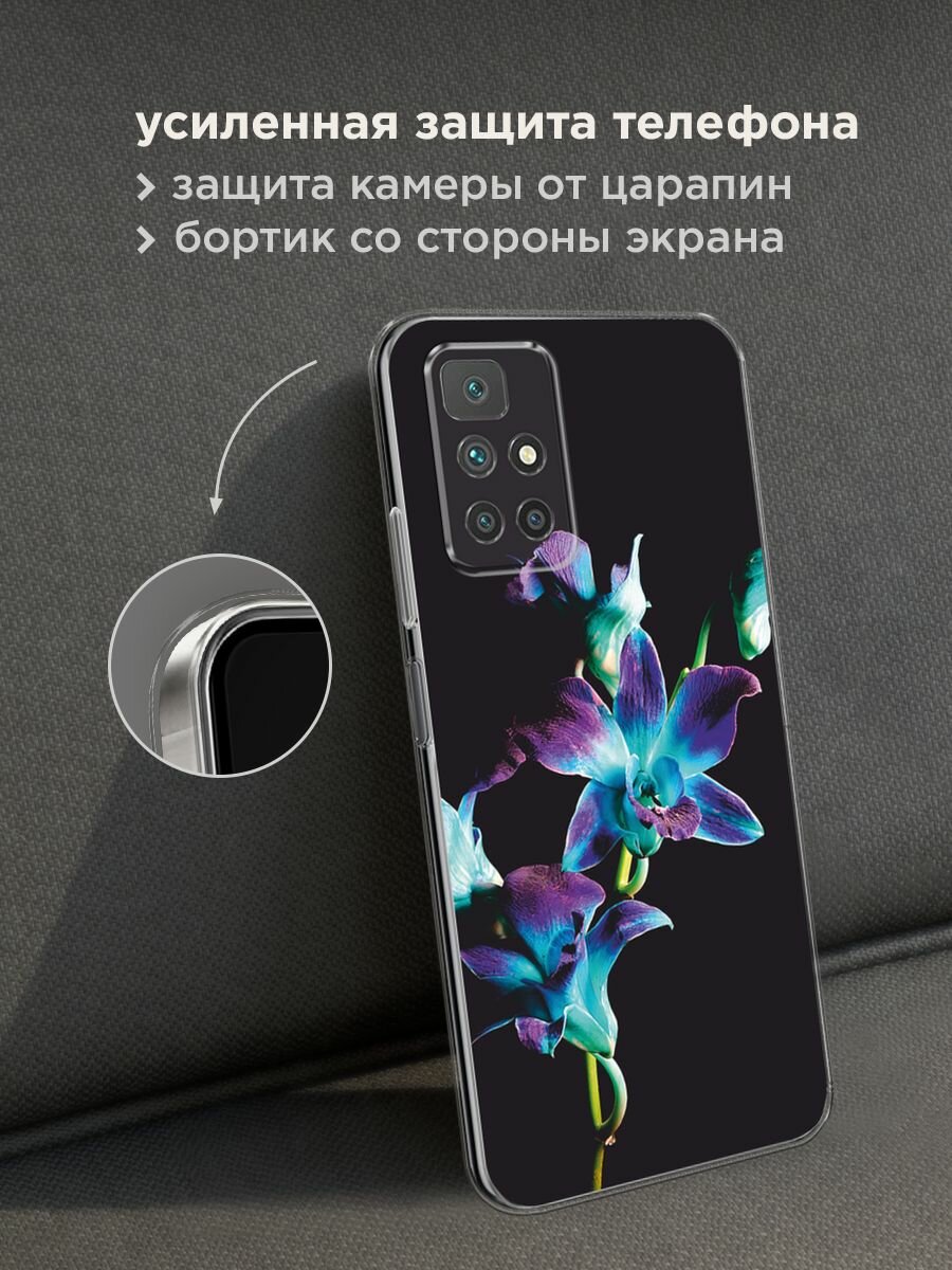 Чехол на Xiaomi Redmi 10 / Сяоми Редми 10 с принтом "Синий цветок на черном" — фото 1