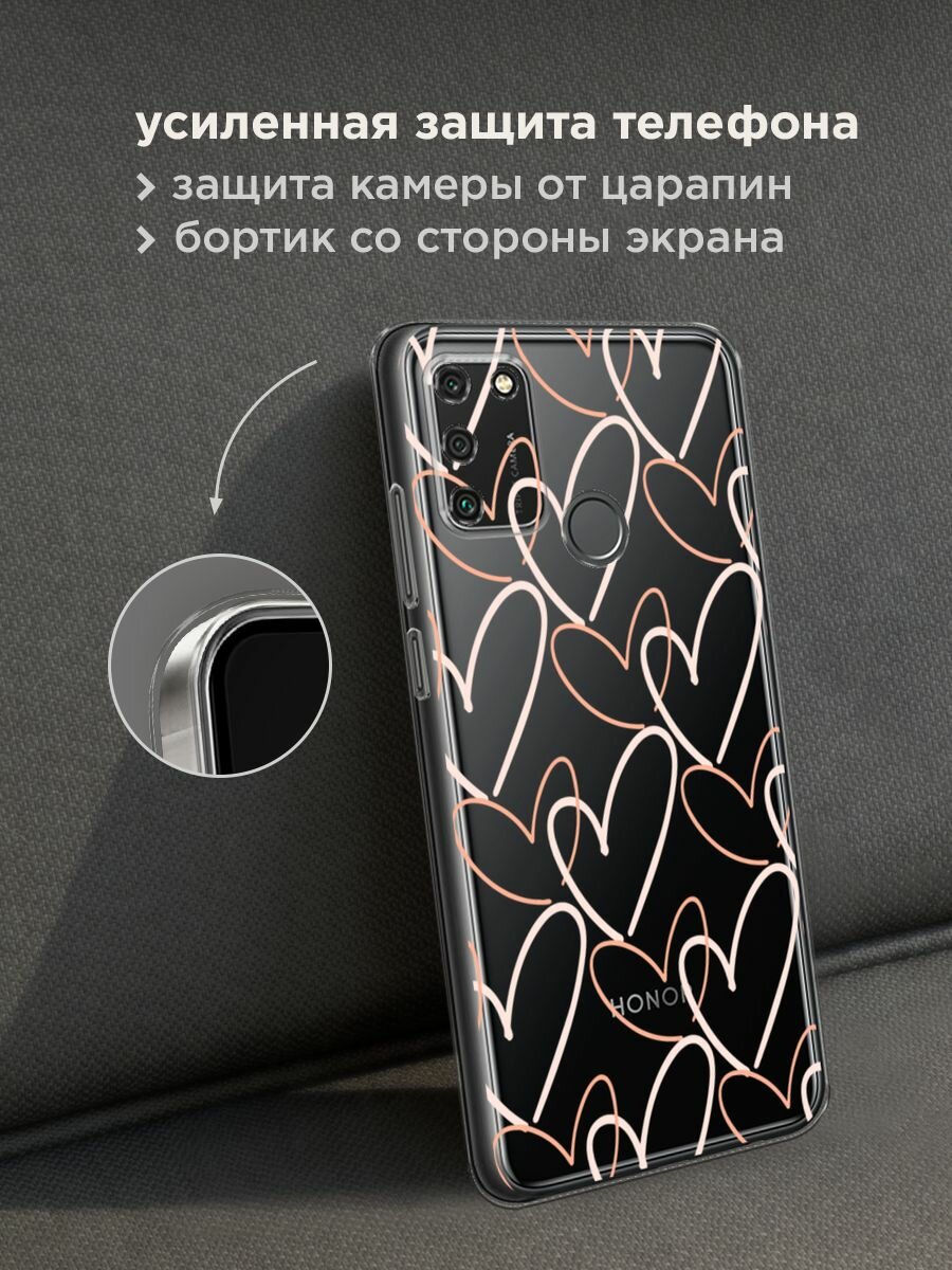 Чехол на Honor 9A / Хонор 9А с принтом "Узор из сердечек", прозрачный — фото 1