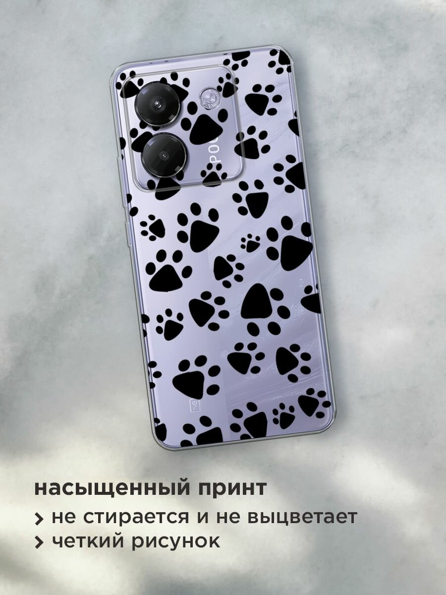 Чехол на Poco M7 Pro / Поко М7 Про с принтом Лапки черные, прозрачный — фото 1